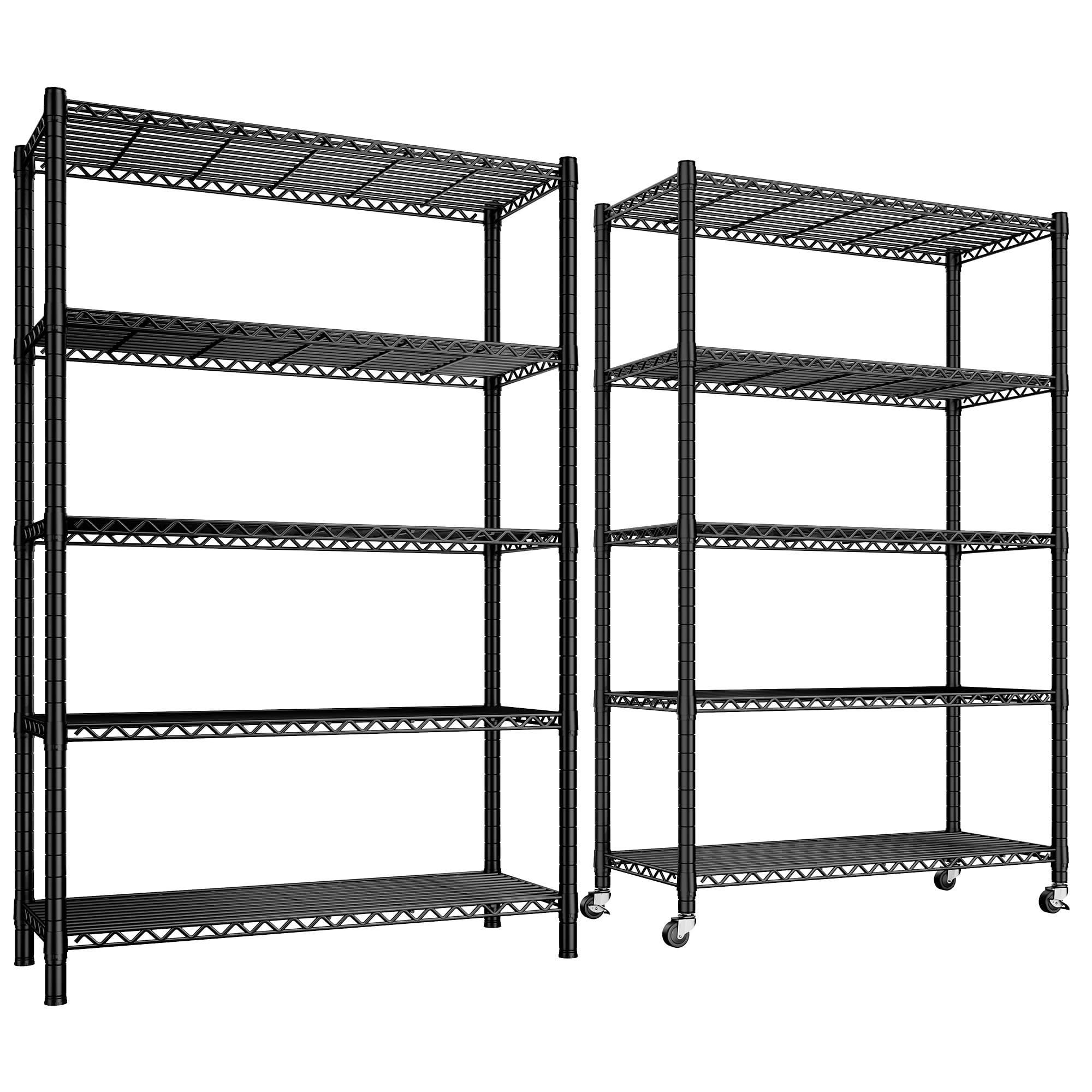 REIBII 72''W Wire Shelving Loads 2100LBS,5 Tier Metal Shelving with Adjustable Storage Shelves 36''W Garage Shelving Heavy Duty with Wheels Metal Shelves for Storage Rack 2PC,76''HX36''WX16''D
