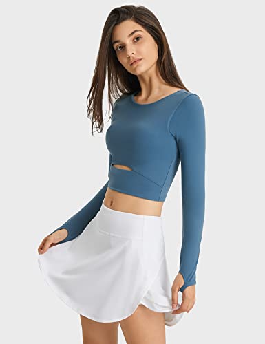KTILG Workout Crop Tops Womens Long Sleeve Athletic Gym Compression Yoga Seamless Padded Shirt with Thumb Holes