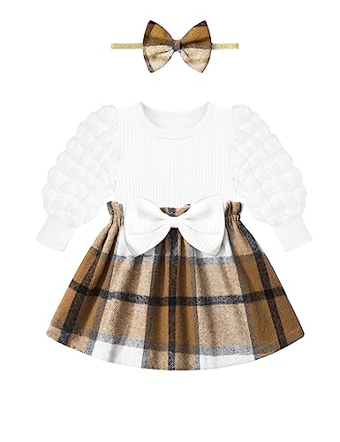 Qaoerde Baby Girl Dresses 12-18 Months Baby Girl Dress Puff Sleeve Brown Plaid Dress Baby Girls' Dresses Baby Dresses 12-18 Months Baby Girl Fall Dress Baby Girl Winter Dress Thanksgiving Outfit