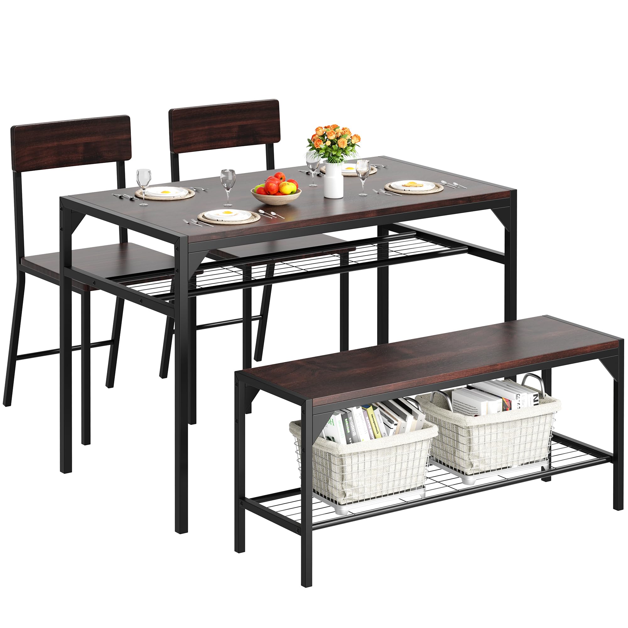 Shintenchi Kitchen Table Chairs Set of 4, Dining Table Set for 4 with Bench and Chairs, 4 Pieces Kitchen Table Set with Storage Rack & Metal Frame for Small Space, Brown
