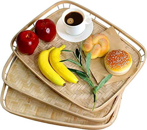 Rectangular Bamboo Wicker Serving Trays with Handles, Handwoven Coffee Trays for Coffee, Breakfast, Bread, Food, Dish and Decorative Trays for Dining Table