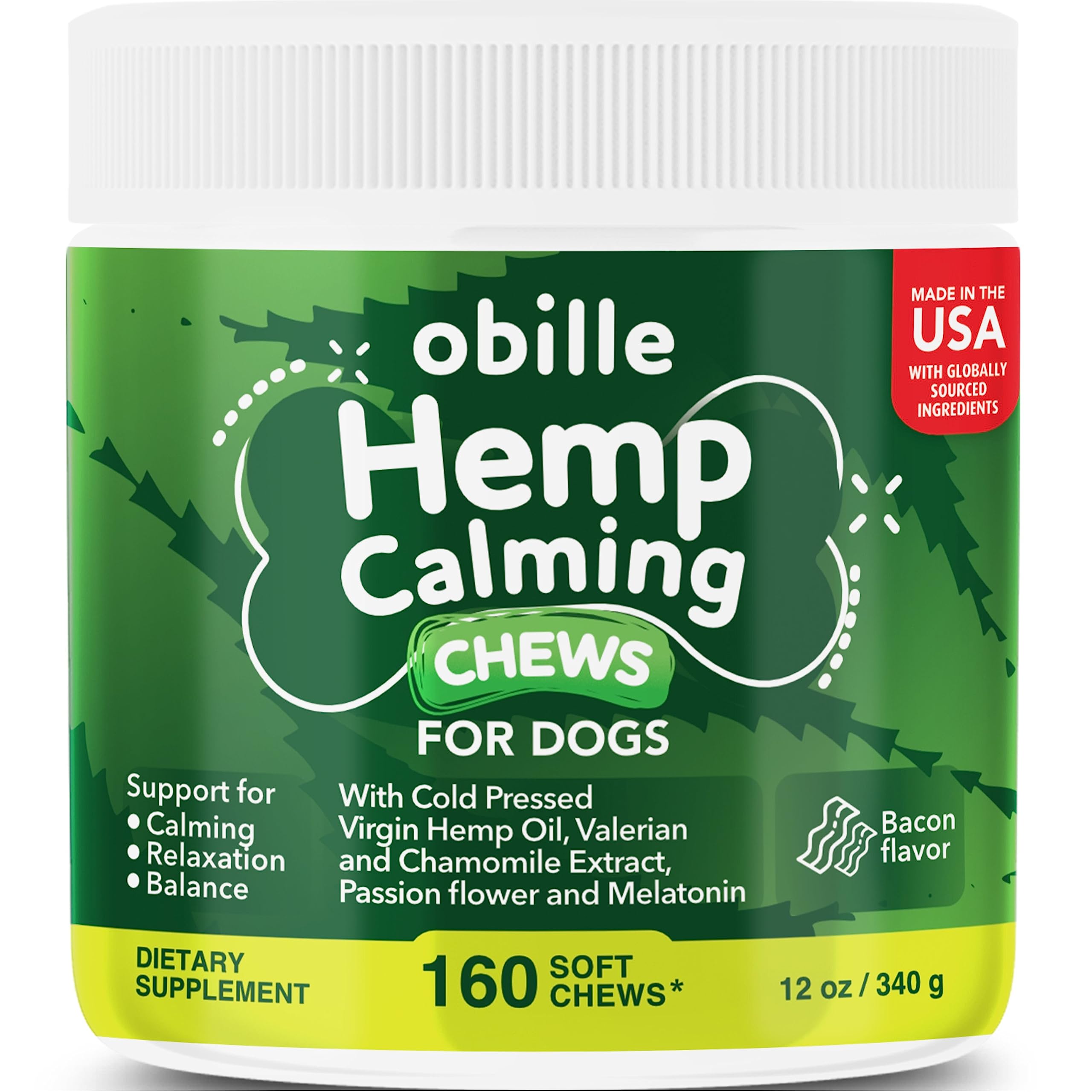 Obille Hemp Calming for Dogs 160 Chews 12oz – Calming Chews for Dogs Anxiety Relief, Everyday Stress Relaxation – with Hemp Oil, Flax Seed Meal, Melatonin, Valerian and Chamomile Extract