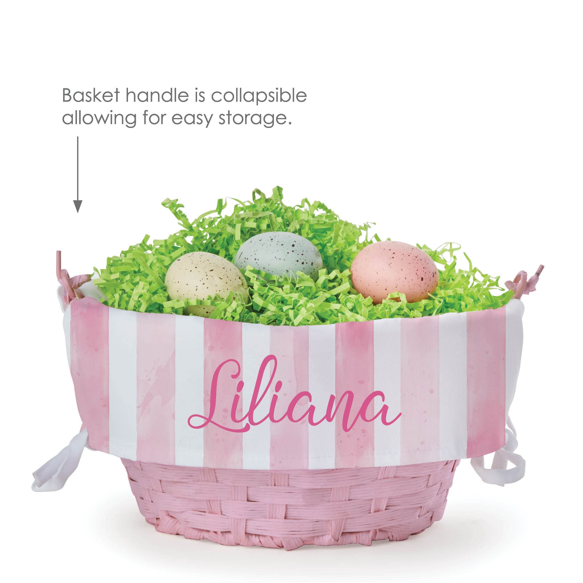 Personalized Easter Egg Basket with Handle and Custom Name | Pink Striped Easter Basket Liners | Pink Basket | Woven Easter Baskets for Kids | Customized Easter Basket | Personalized Gifts for Easter