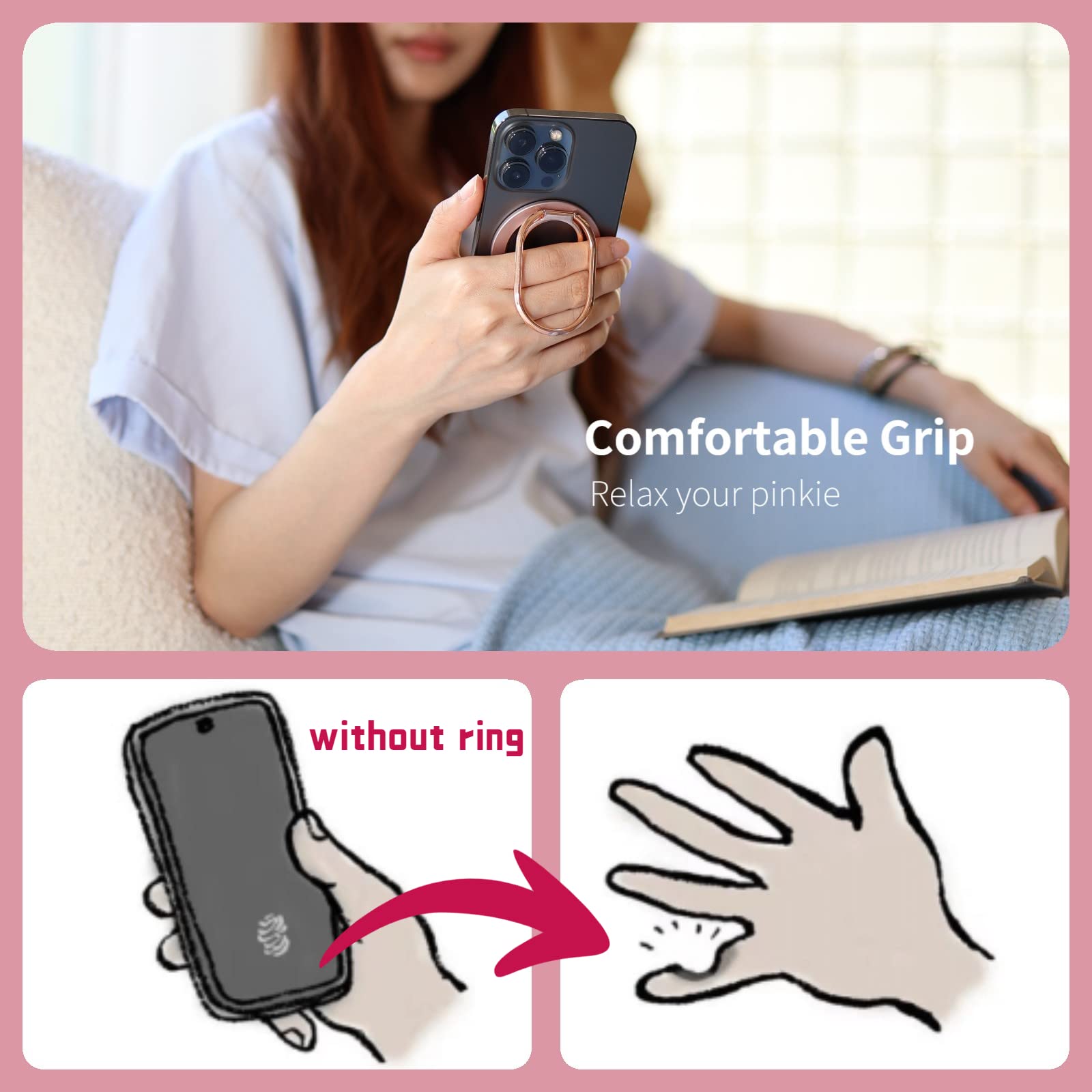 MINDSKY Mag-Safe Phone Stand Phone Grip Compatible with iPhone 12/13/14/15 Mini/Pro/Pro Max Accessories Removable Magnetic Finger Phone Ring Grip (Rosegold Pink)