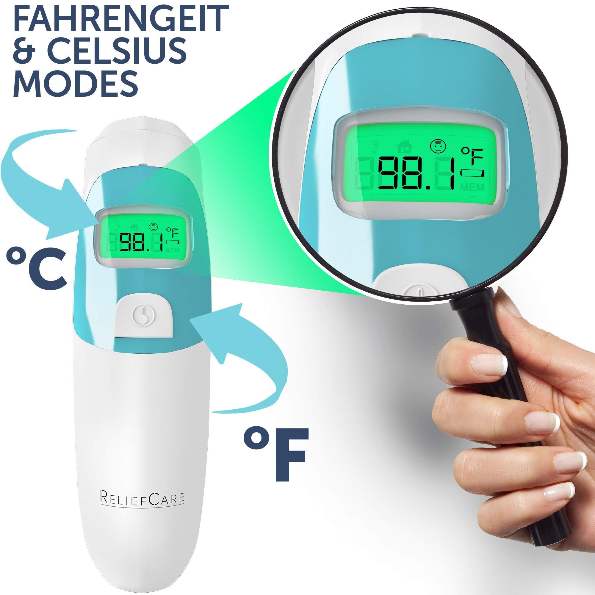 Relief Care Digital Forehead and Ear Thermometer for Adults, Infants, Children - Dual Mode, Infrared Thermometer with Fever Alarm - Accurate Quick Read Digital Thermometer for Adults and Kids
