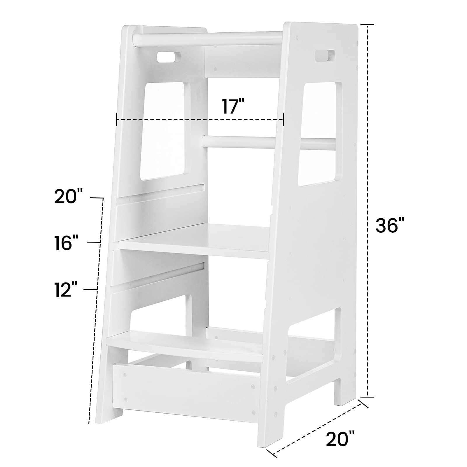 LUSIMO Toddler Step Stool Helper Nursery Standing Tower Wooden Kids Step Stool with Safety Rail Height Adjustable Toddler Learning Tower with Anti-Slip Protection Support Up to 165lbs White