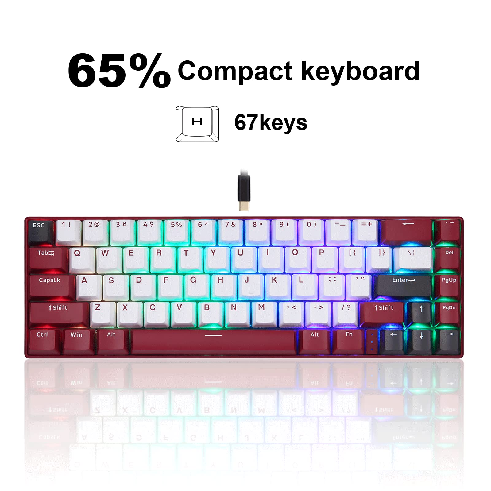 MOTOSPEED BK67 Bluetooth 5.0 Wired Mechanical Keyboard with Red Switch/LED Backlit/Rechargeable Battery/Type-C,67 Keys Compact Gaming Keyboard Compatible with Mac Windows