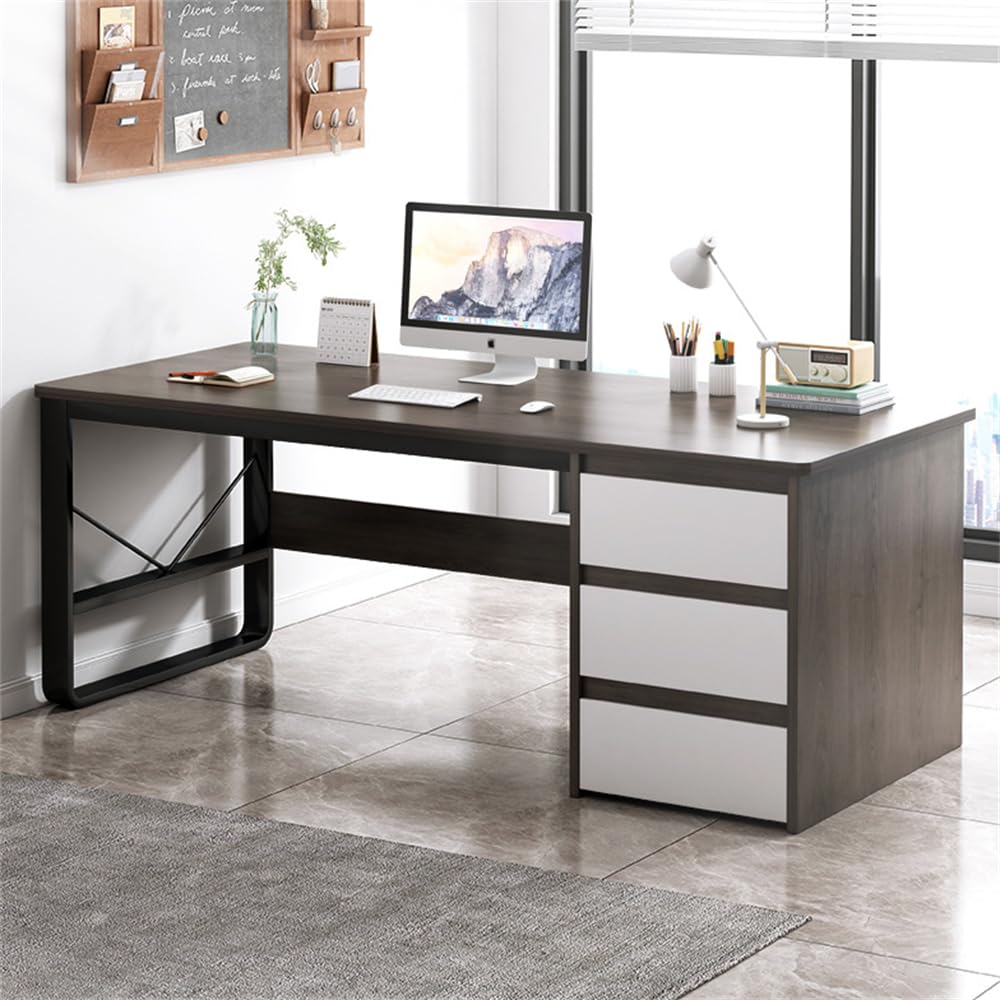LITFAD Modern Wood Writing Desk with 3 Drawers and Standard Height Rectangular Office Desk Computer Desk - Perfect for Office or Home Use - Without Chairs Walnut 55" L x 19" W x 30" H