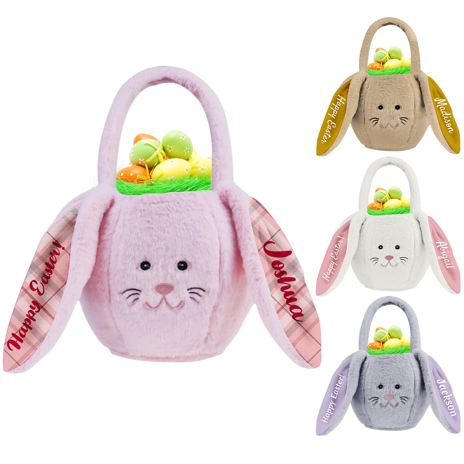 Personalized Easter Basket for Boys Girls Kids Baby Custom Customized Gifts Name Easter Basket Bags Eggs Candy Bunny Tote Gift-Pink