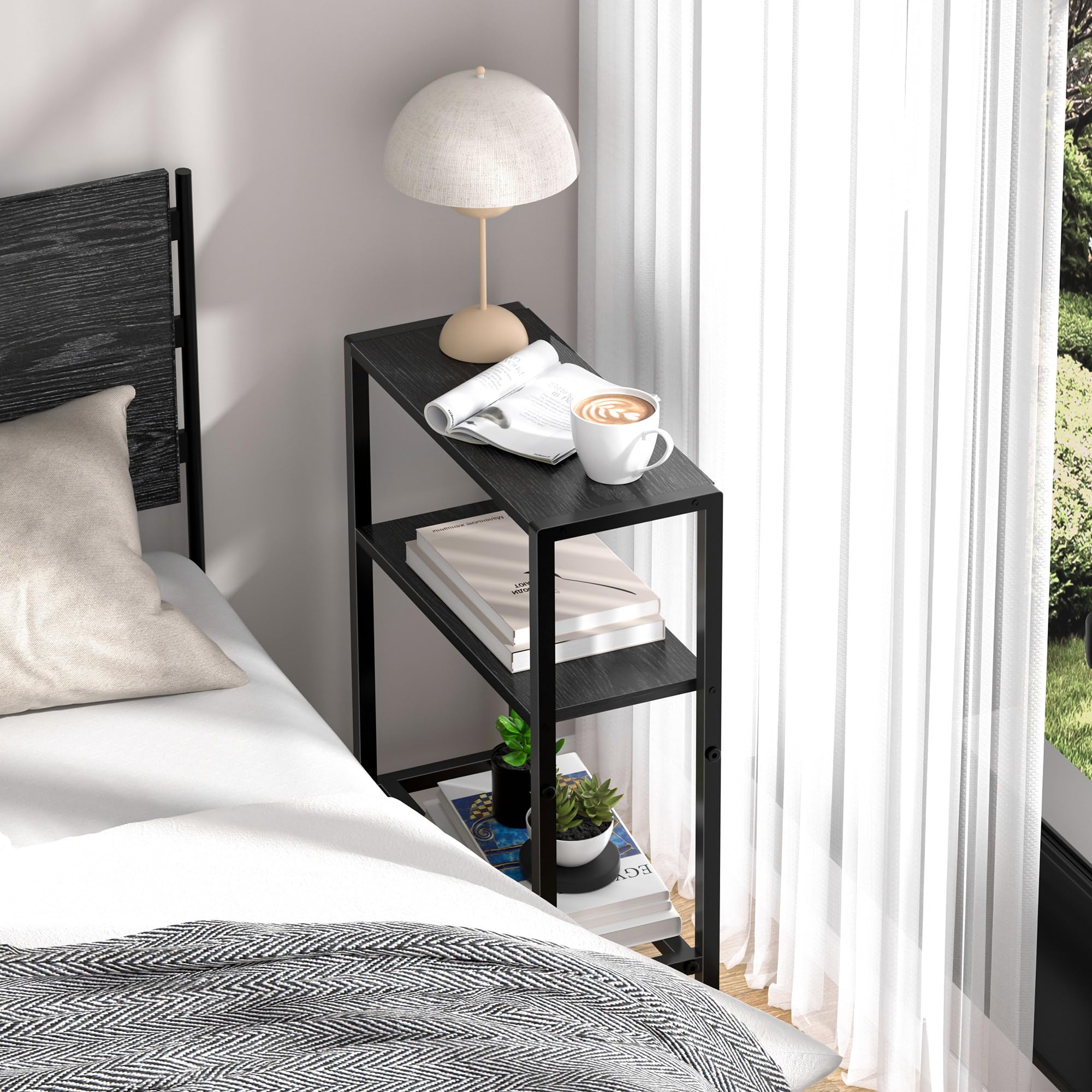 Narrow Side Table with Storage Shelf, 3-Tier Slim End Table for Small Space, Small Bedside Table, Skinny Nightstand with Magazine Rack in Living Room, Bedroom, Study, Kitchen, Balcony (Black)