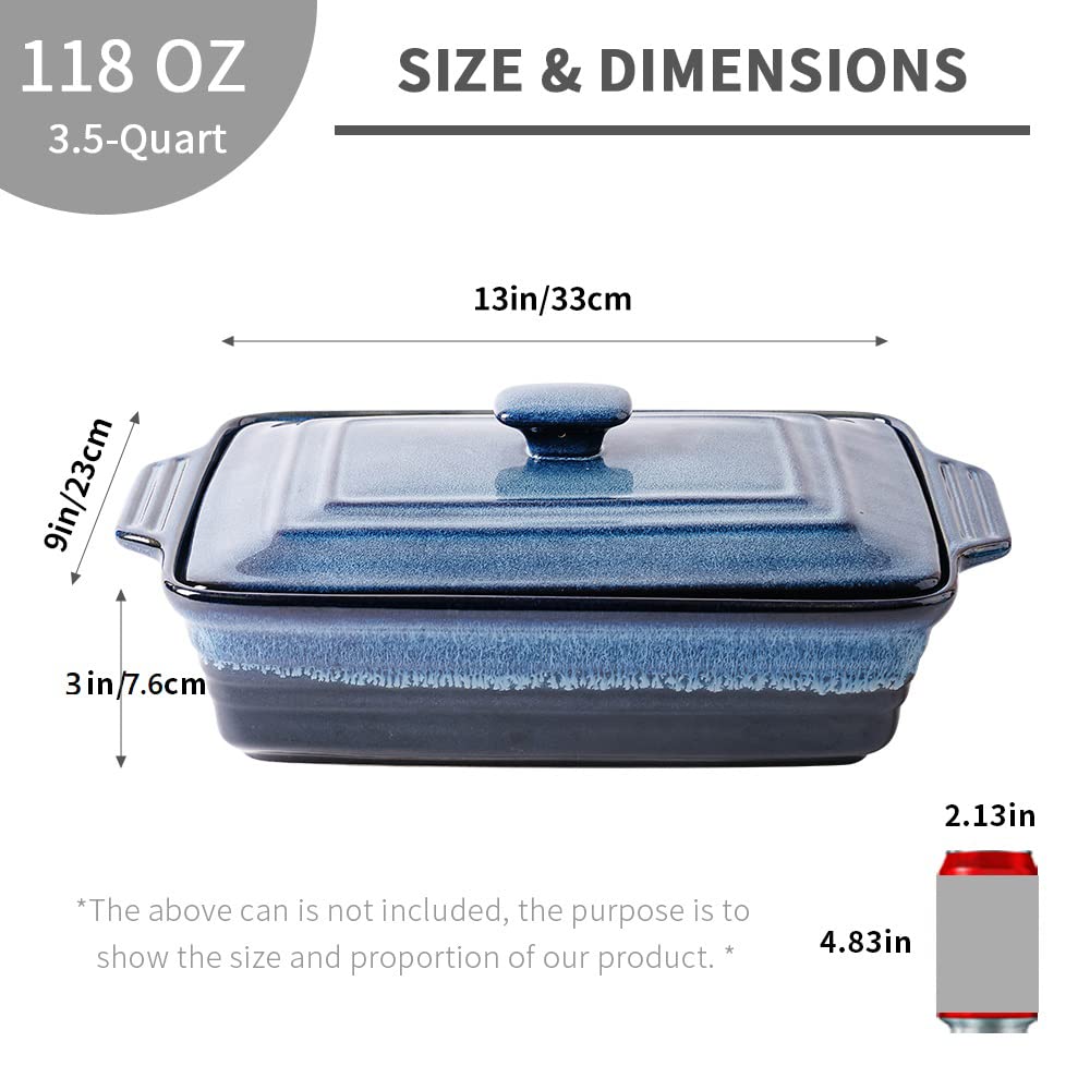 KOOV Ceramic Casserole Dish with Lid, Covered Rectangular Casserole Dish Set, Lasagna Pans with Lid for Cooking, Baking dish With Lid for Dinner, Kitchen, 9 x 13 Inches, Reactive Glaze (Nebula Blue)