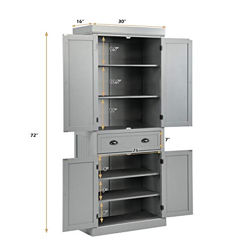MAT EXPERT Kitchen Pantry Cupboard Cabinet, Freestanding Storage Cabinet w/Drawers & Adjustable Shelves, 4-Door Wooden Storage Organizer for Living Room/Kitchen/Bedroom (Gray)