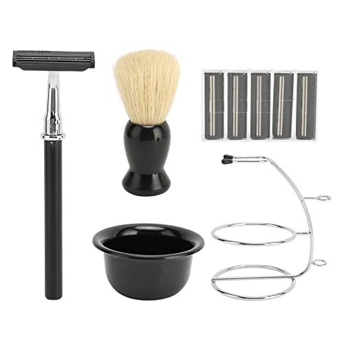 Manual Hair Trimmer Kit Beard Care Cleaning Tool Set 5 in 1 Shaving Brush for Men, Hair Brushes with Solid Wood Handle and Stand Wet Foaming Bowl