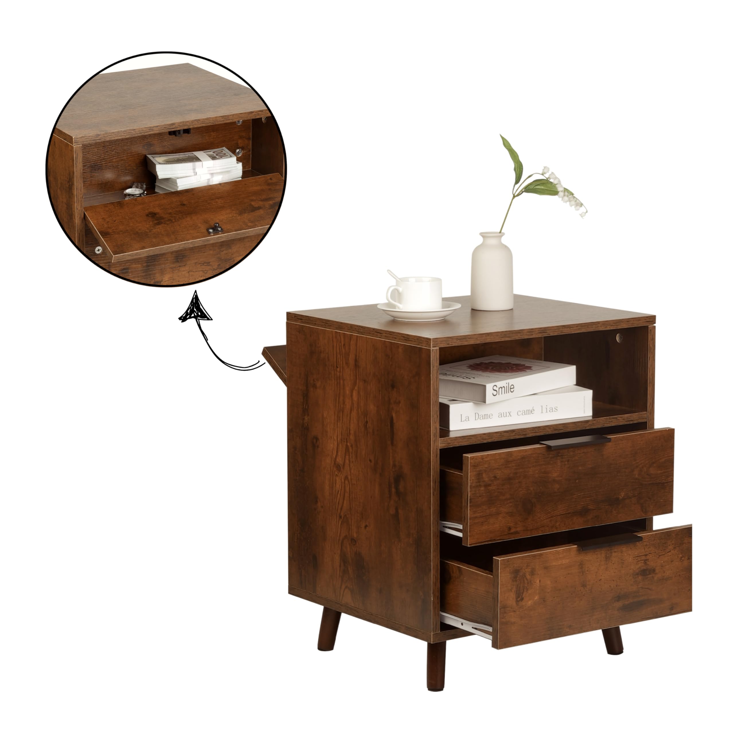 Nightstand with Hidden Compartment | Mid Century Modern Nightstand with Concealed Storage | Vintage Bedside Table | Perfect for Storing Small Valuables (1, Brown, Large)