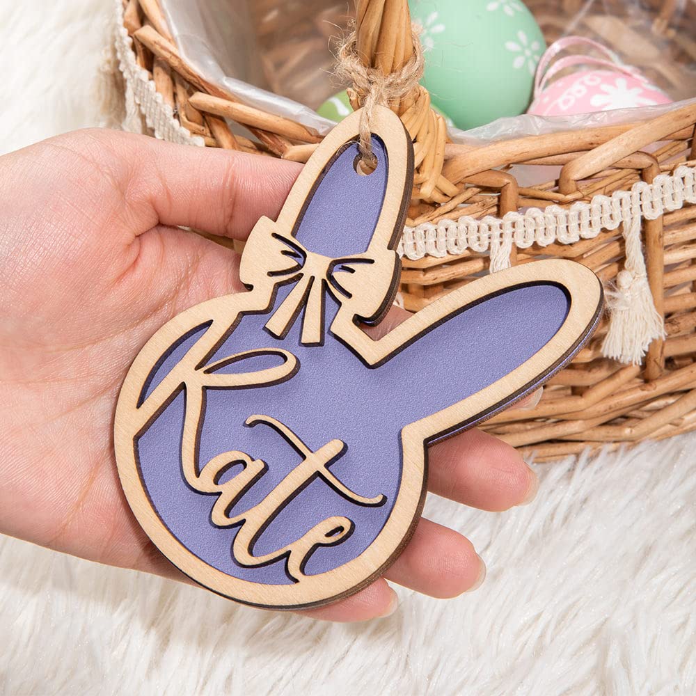 Personalized Rabbit Bunny Wooden Basket Tag Ornament with Name Easter Gift for Kids