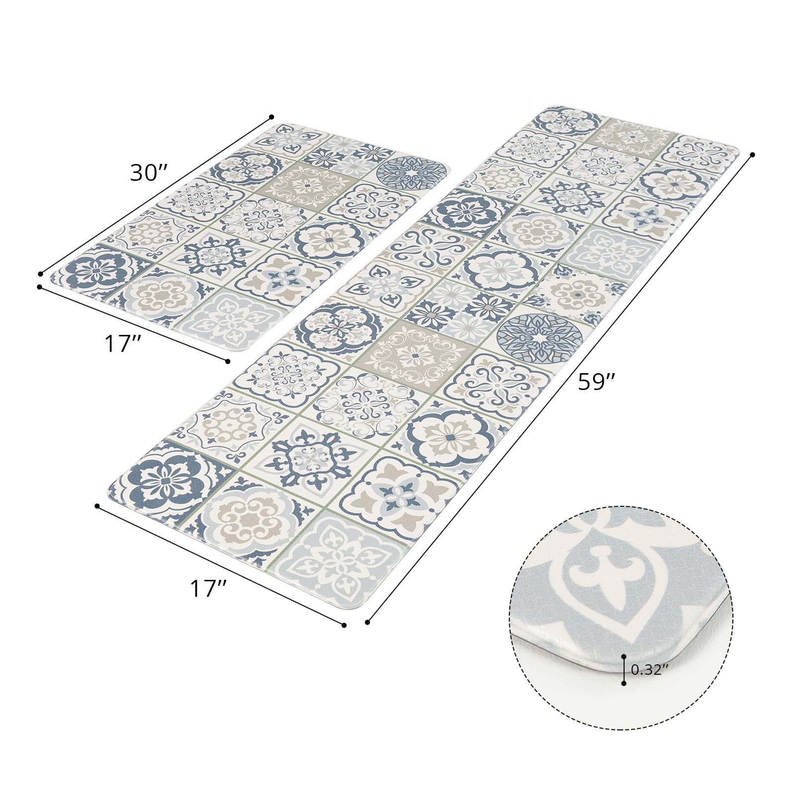Jabogrii Kitchen Rugs 2 Piece Anti-Fatigue Kitchen Mats Set, Cushioned Comfort Floor Mat PVC Non Slip Waterproof Runner Rug for Kitchen, Standing, Office, Sink 17.5"×30"+17.5"×59"