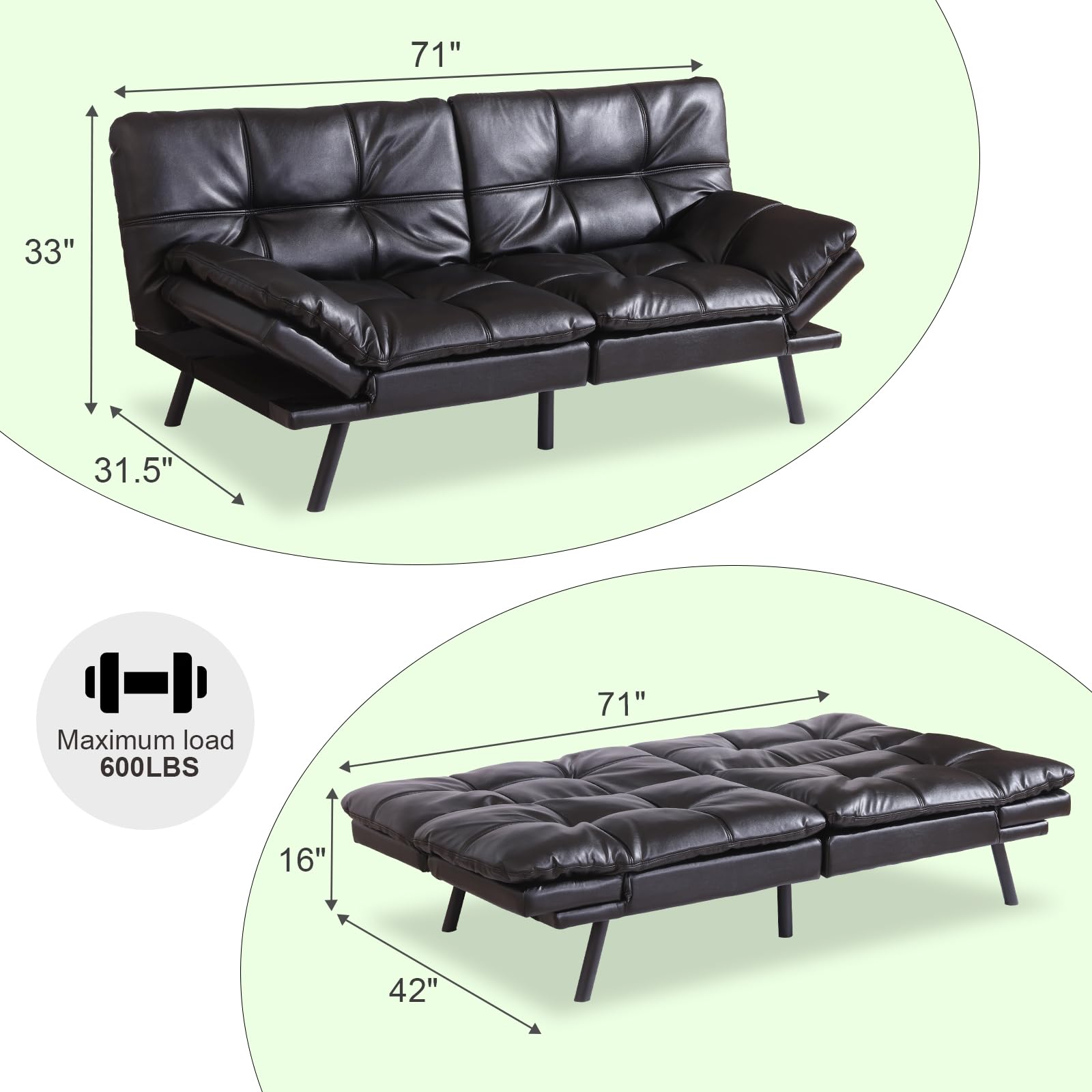 MUUEGM Faux Leather Memory Foam Convertible FoldIing Futon Sofa Bed, Modern Lounge Sofa with Adjustable Backrest Armrests, Futon Couch for Living Room with Loveseats in Black.(Leather,Black)