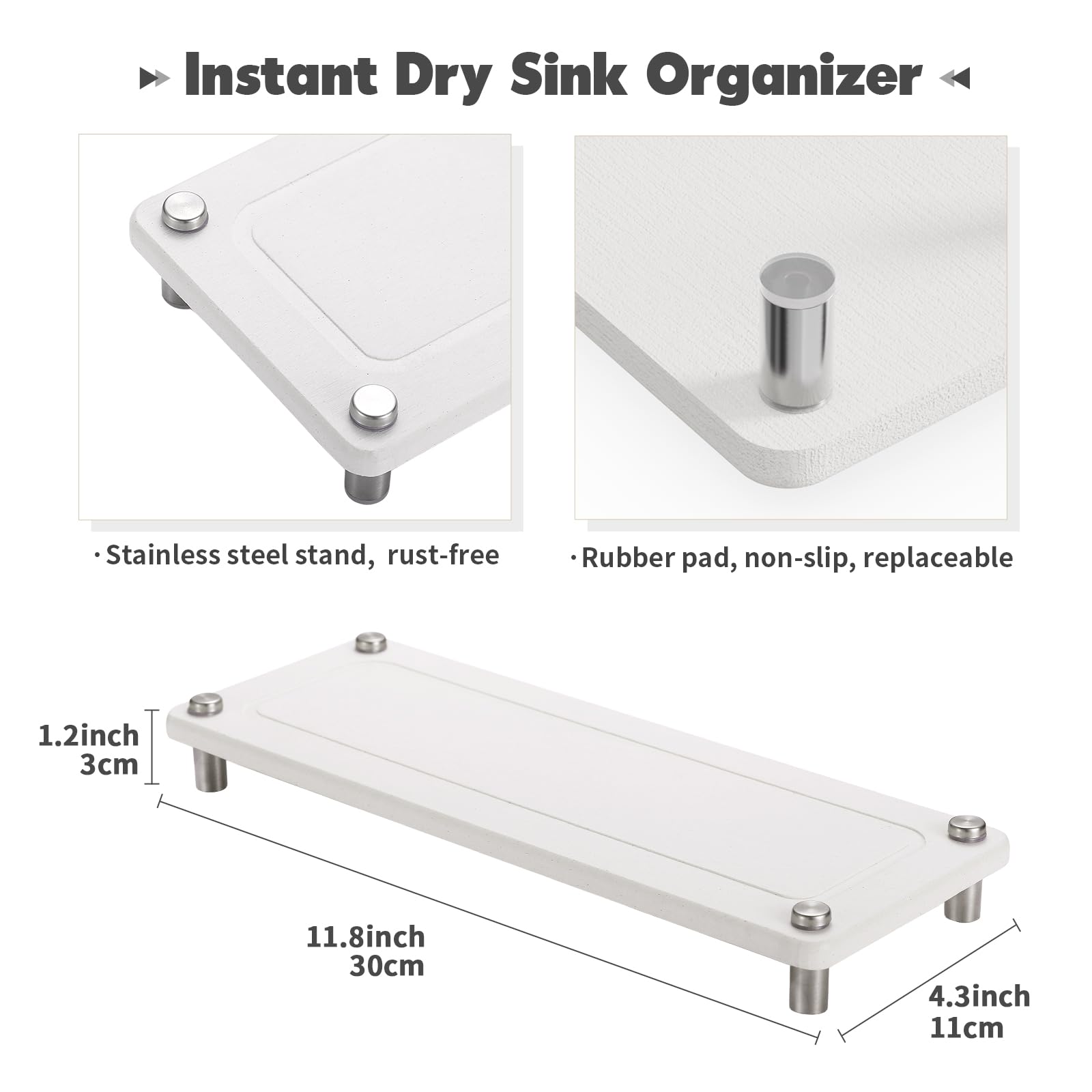 Johamoo Fast Drying Stone Sink Tray, Bathroom Instant Dry Sink Organizer, Diatomaceous Earth Water Absorbing Stone Tray for Kitchen Counter, White