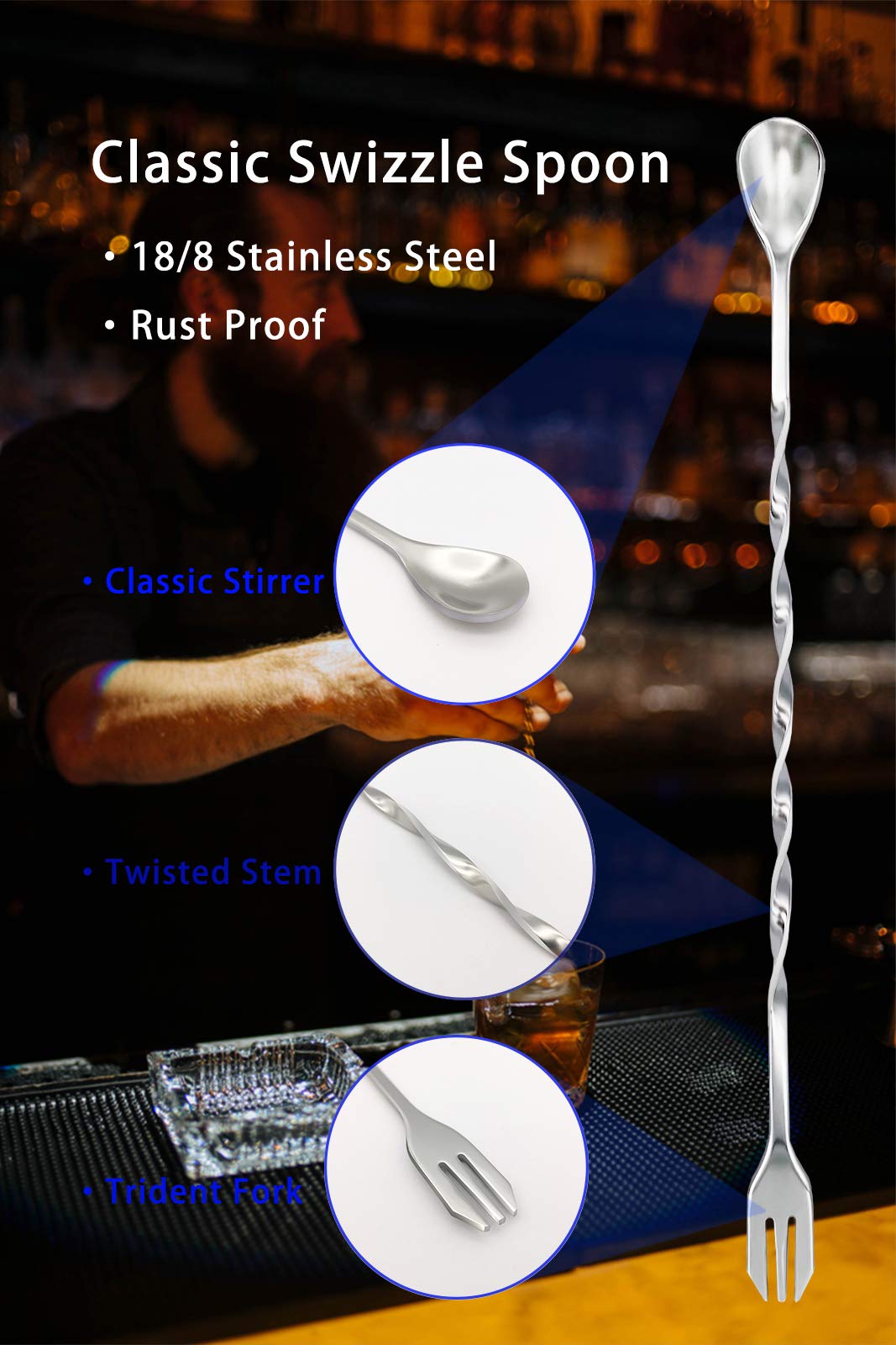 LNYFOUG 10 Inch Stainless Steel Cocktail Muddler and Mixing Spoon Ideal Home Bar Bartenderās Tool Sets for Mojito and Other Fruit Drinks