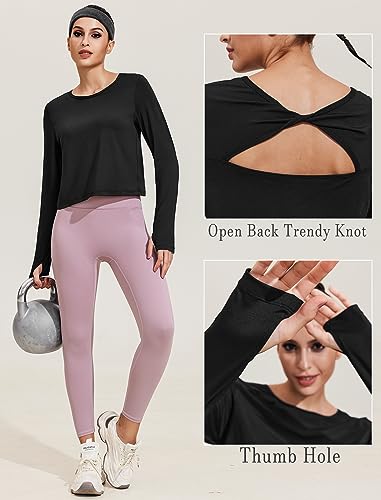 Pinspark Gym Shirts for Women Long Sleeve Workout Shirt Open Back Yoga Crop Top Solid Athletic Top Activewear,Black Small