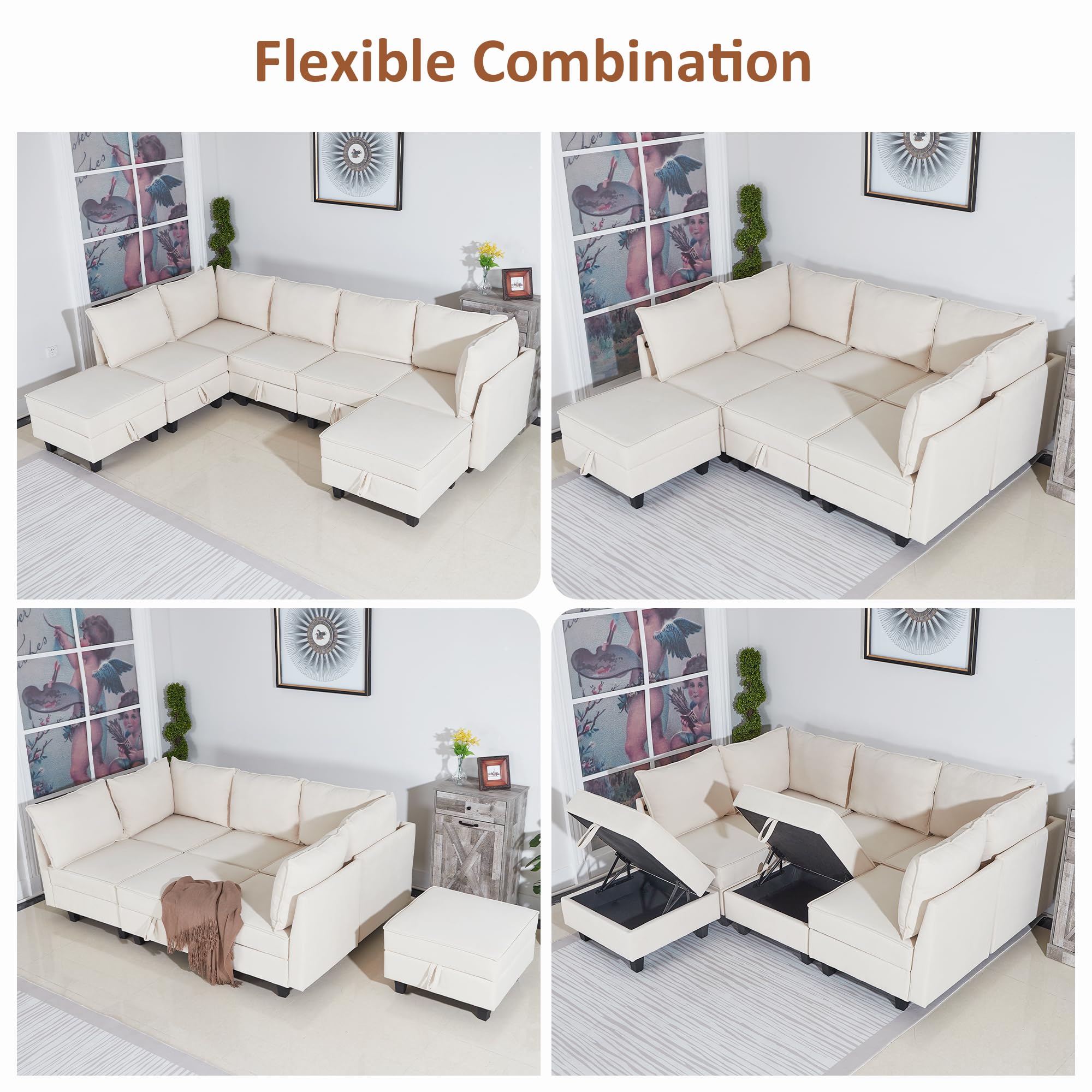 Neylory Modular U-Shaped Sectional Sofa, Oversized 7 Seater Sectional Couch with Storage Seat & Ottoman, Convertible Sleeper Sofa for Living Room, Beige