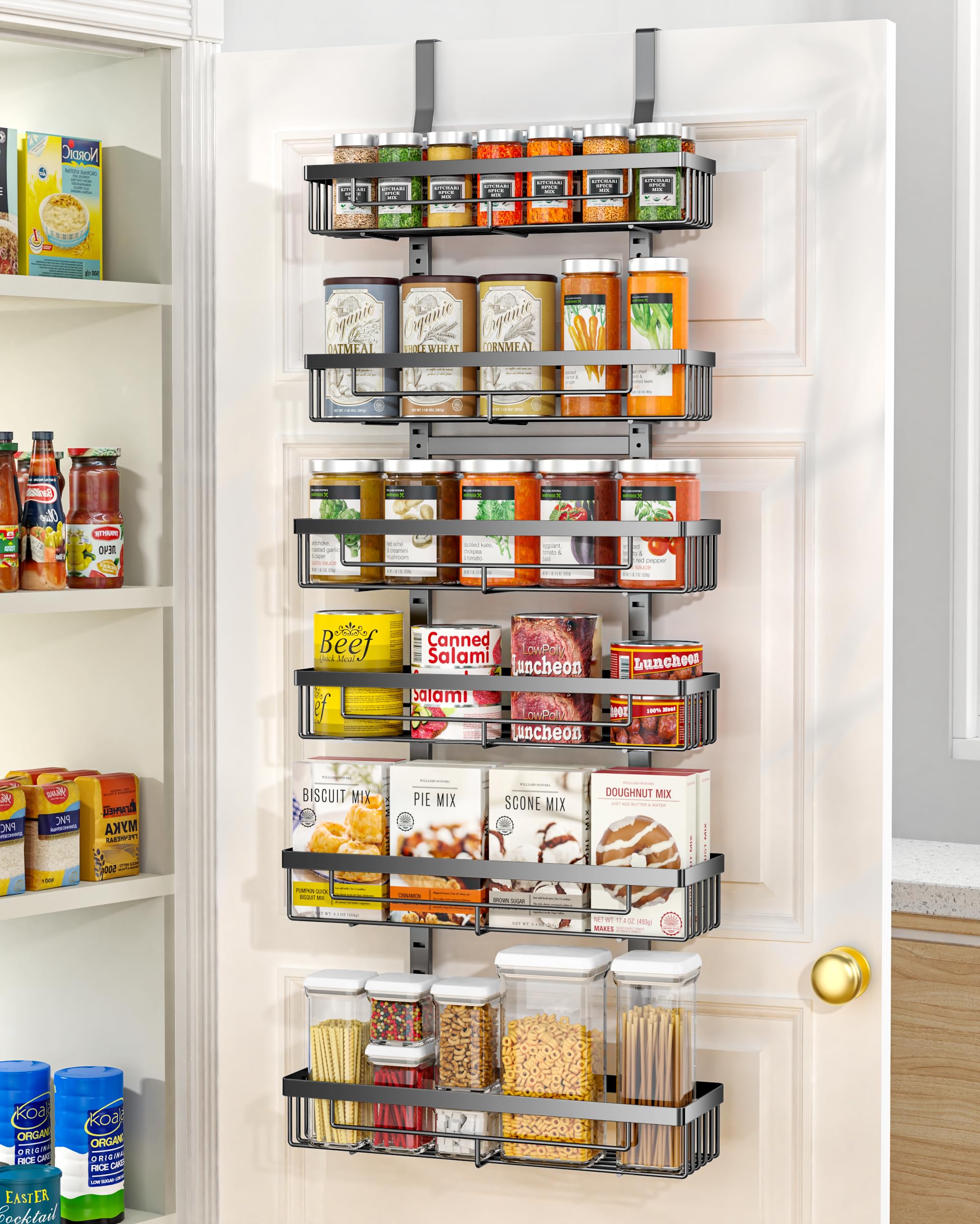 Moforoco 6 Tier Over the Door Food Storage Cabinet Organizer Black Hanging Kitchen Basket Organizer Wall Mounted Spice Rack Rear Cabinet Door Spice Rack Bathroom Home Bedroom Organizer (Black, 6-Tier)