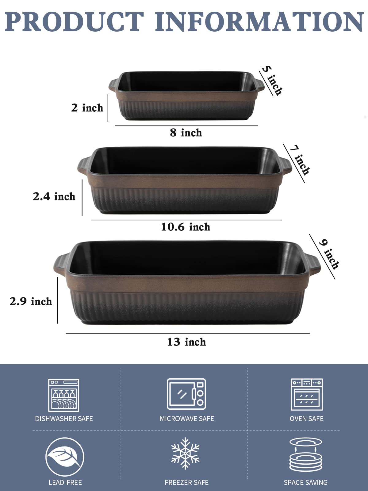 Kanwone Ceramic Baking Dishes, Rectangular Lasagna Pans, Casserole Dishes, Bakeware Set for Cooking, Kitchen, Cake Dinner, 9 x 13 Inches, Stripe Series - Reactive Glazed (Matte Black)