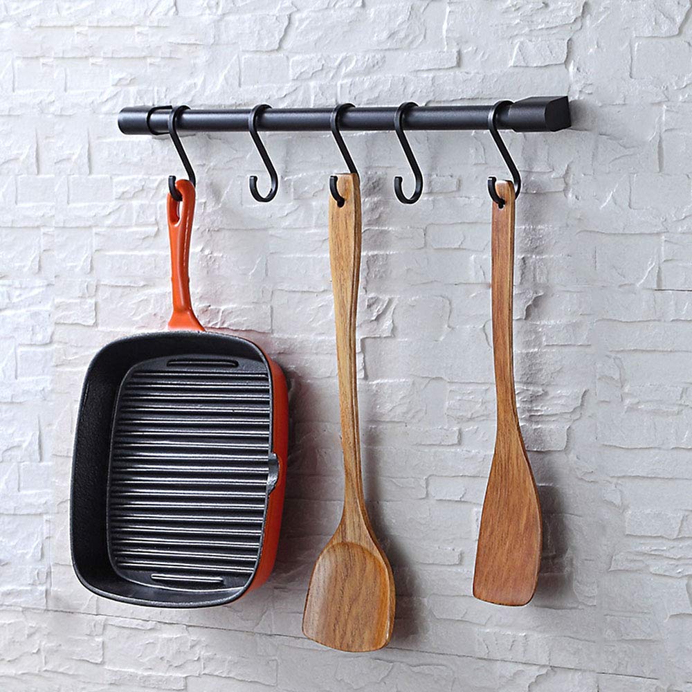 KAIYING Kitchen Utensil Rack with Removable S Hooks for Hanging Pots and Pans, Rod Hooks for Mugs, Wall Mounted Kitchen Rail Organizer, Aluminum,(Black-5 Hooks) (Anodized Black, 10 Hooks)