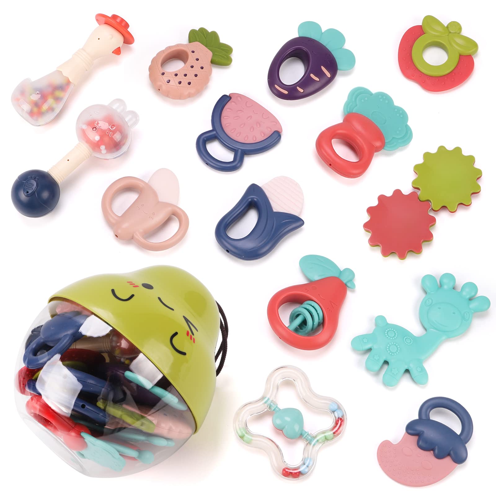 Lemon Legend 14pcs Baby Rattles Teethers Set, Sensory Teeth as a Newborn Birthday Gift for 0 1 2 3 4 5 6 7 8 9 10 12 Months Baby Boys Girls with a Pear Container