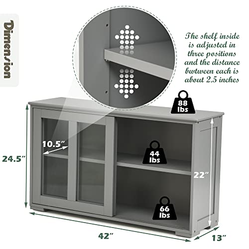 LOKO Stackable Buffet Cabinet, Kitchen Storage Cabinet with Sliding Tempered Glass Doors, Small Sideboard for Kitchen, Dining Room or Living Room, 42 x 13 x 24.5 inches (Grey)
