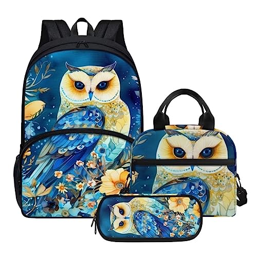 Pinupub Kids Blue Owl Flowers Backpack 3pcs Set Including 17 Inch Large School Bag With Lunch Bag And Practical Pen Bag