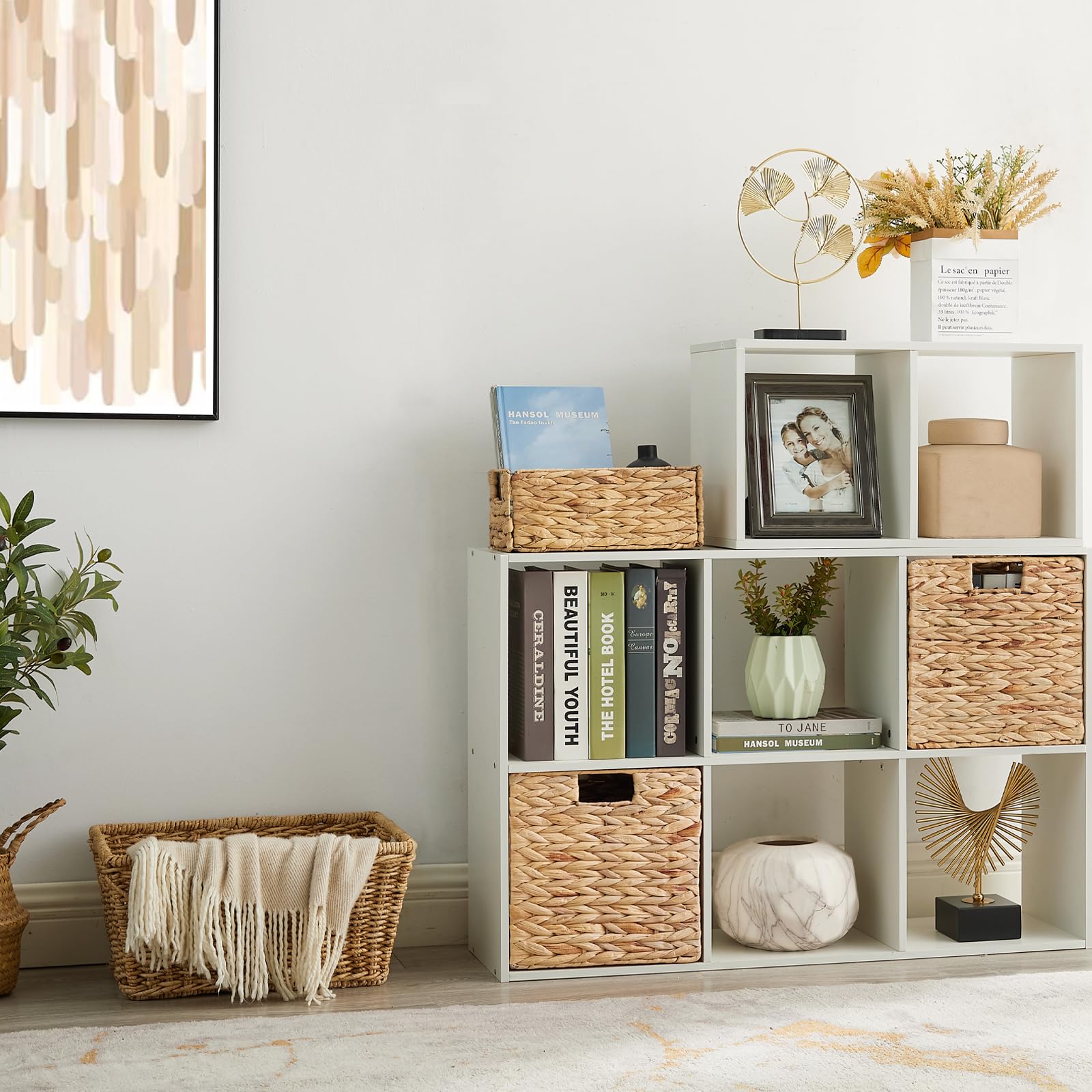 Vagusicc Storage Basket, Set of 2 Handwoven Water Hyacinth Storage Baskets, Foldable Wicker Storage Basket 9 Inch Cube Storage Bin for Shelves Laundry Organizer Square Shelf Baskets, 9''x9''x9''