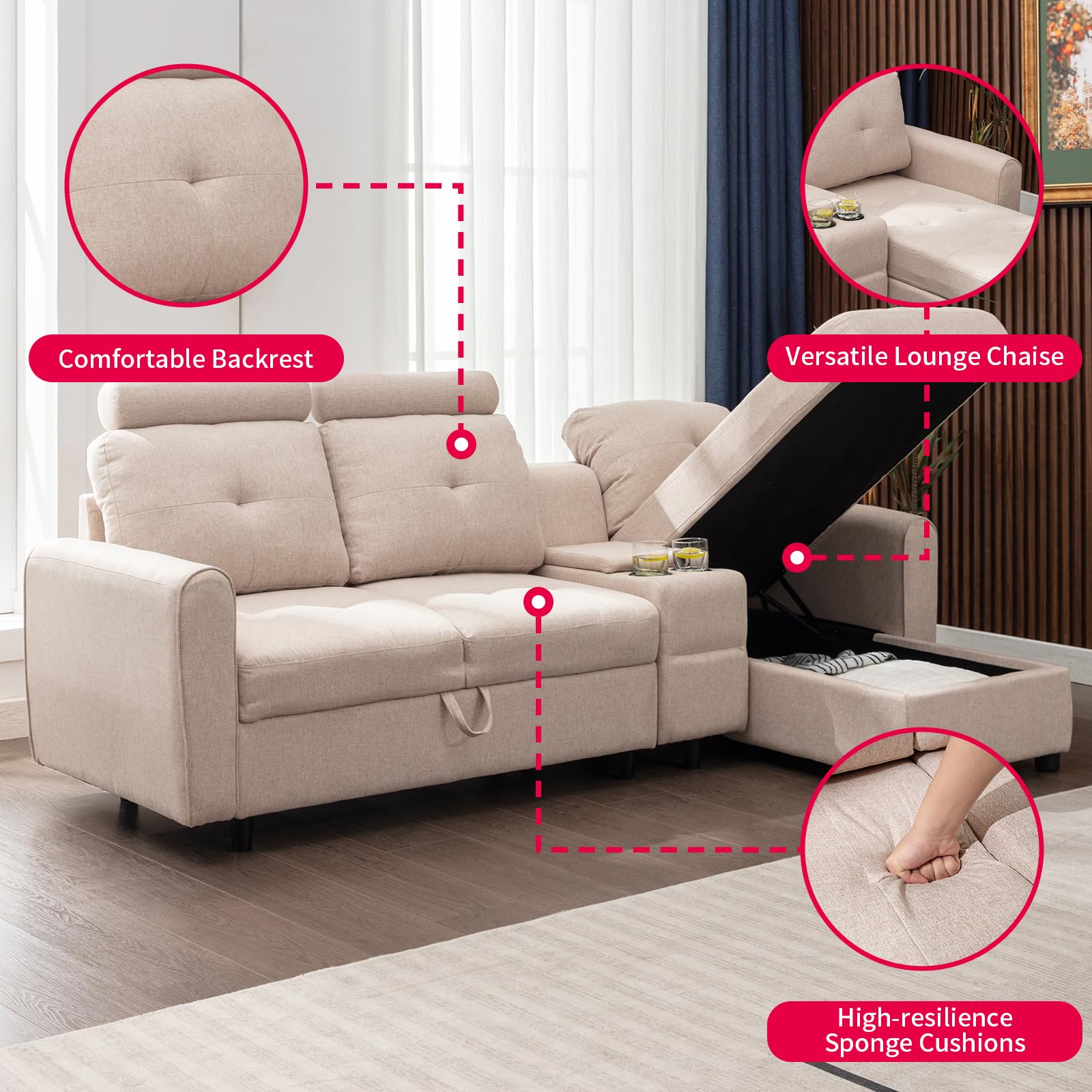 MUZZ 89" Sectional Sofa with Storage Chaise with Cup Holders, Modular L Shaped Sectional Sofa with Neck Pillows, Convertible Sectional Couch for Living Room/Apartment,Light Grey