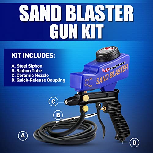 LE LEMATEC Sand Blaster Gun Kit for Air Compressor, Paint/Rust Remover for Metal, Wood & Glass Etching, Up to 150 PSI Continuous Blasting Media for Aluminum, Sand & Soda Blaster Jobs, Blue (AS118-2)