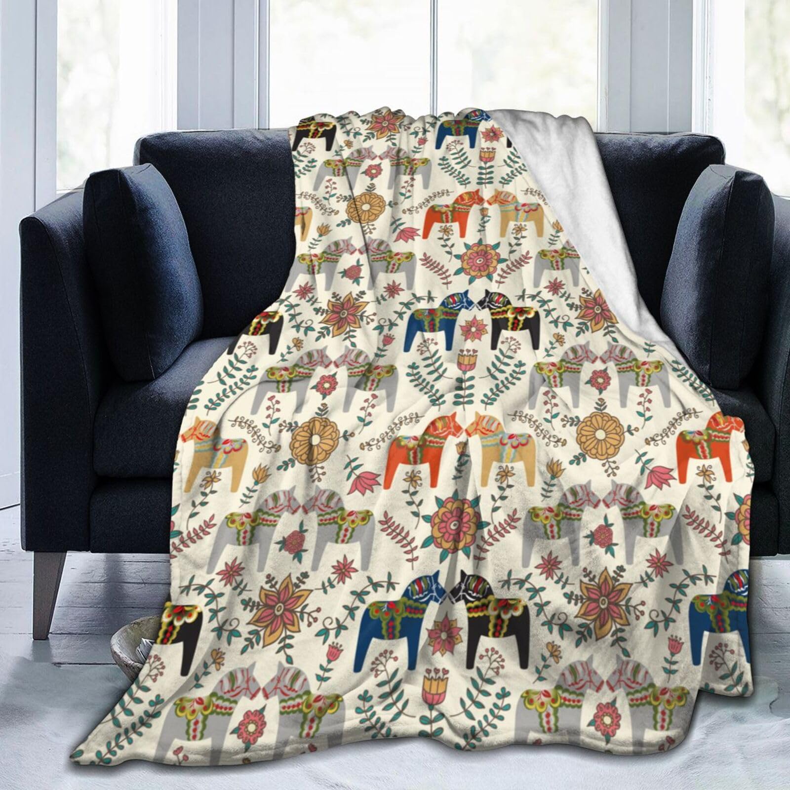 Swedish Dala Horses Throw Blanket Soft Fleece Blanket Men Women Gift for Kids Boys Girls for Party Couch Sofa Bed Deco Blankets 60x50 Inches