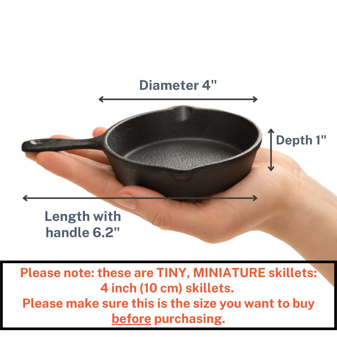 KUHA Mini Cast Iron Skillets 4β - 6-Pack of Pre-Seasoned Miniature Skillets - with 6 Small Silicone Trivets and Cast Iron Scraper
