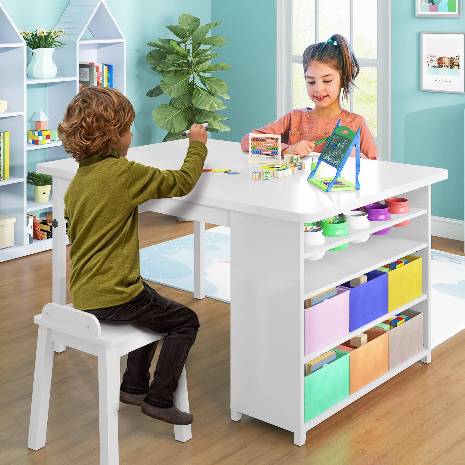 MUZZ Kids Activity Table and Chairs Set, Kids Table with Colorful Storage Bins and Paper Roller, Wooden Art Table for Kids Drawing,Playing(Grey)
