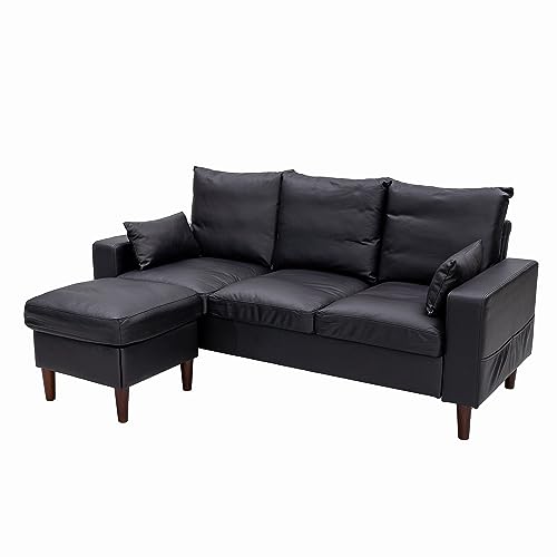 Panana Convertible Sectional Sofa Couch, 3 Seat L-Shaped Couch with Ottoman Set, Modern Balck Leather-Like Fabric Couches for Living Room, Office, Small Space (3 Seater with Ottoman)