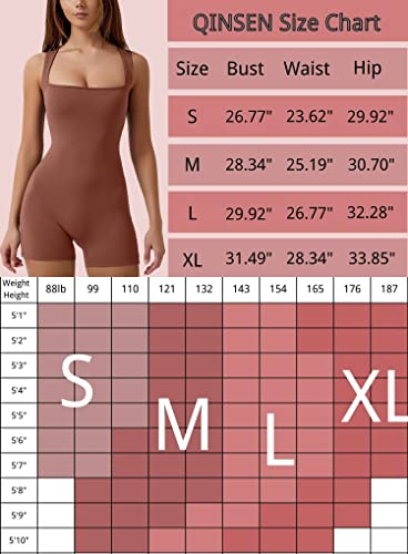 QINSEN Women's Sexy Tube Top One Piece Jumpsuit Square Neck Short Length Romper Brown S