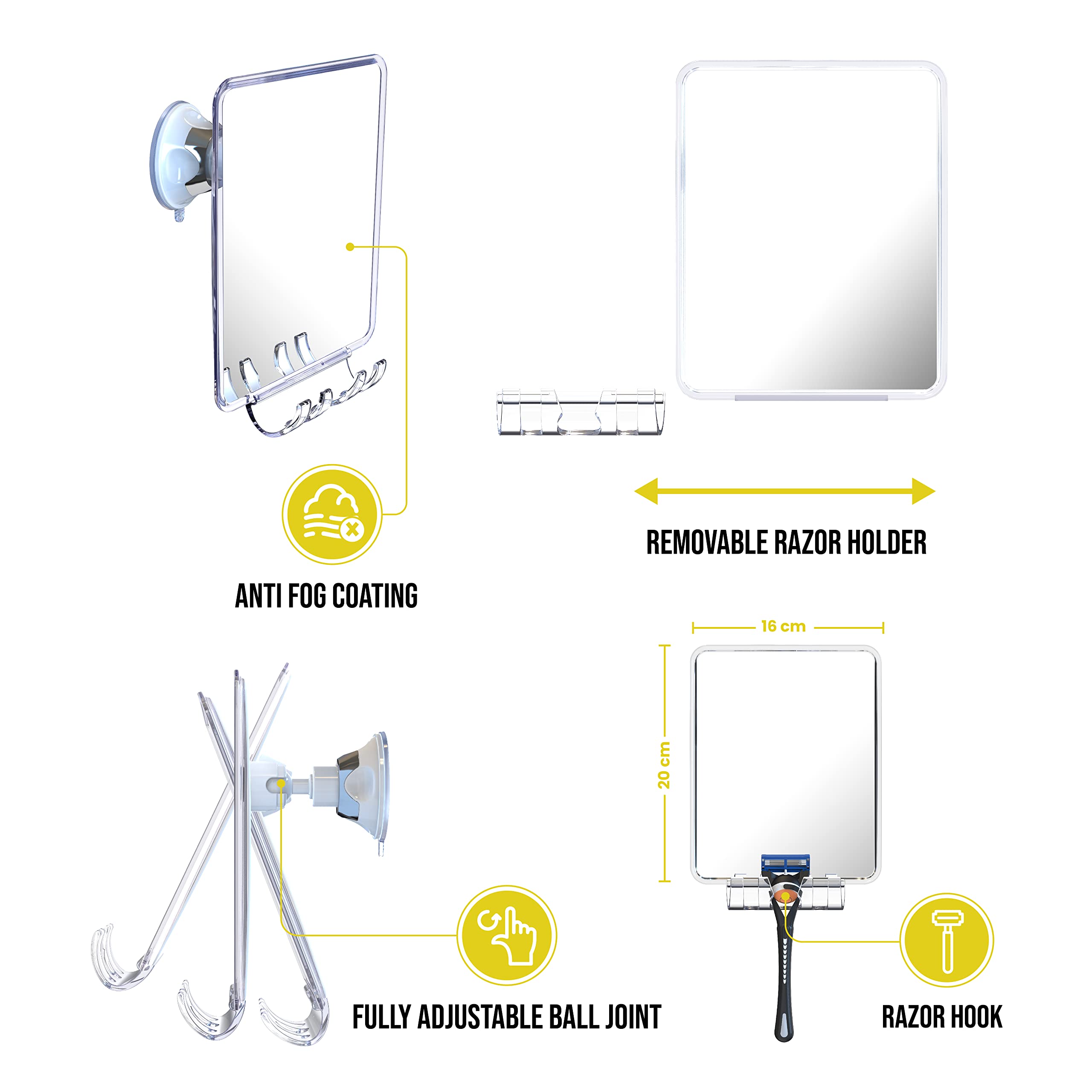 Luxo Shower Mirror, Shower Mirror fogless for Shaving with a Removable Razor Holder - Shaving Mirror for Shower with a Powerful Suction Cup - Shatterproof fogless Mirror for Shower (Clear)