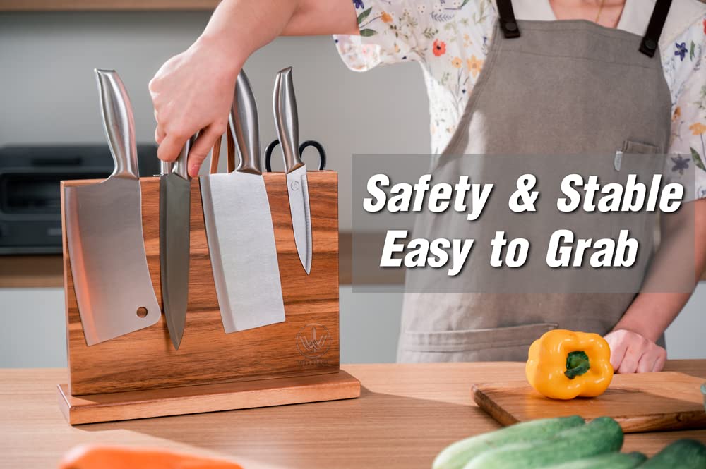 Magnetic Knife Block Made from Waterproof Acacia Wood Double Sided Built in Powerful Magnetic Strip for Dozen Knives Storage