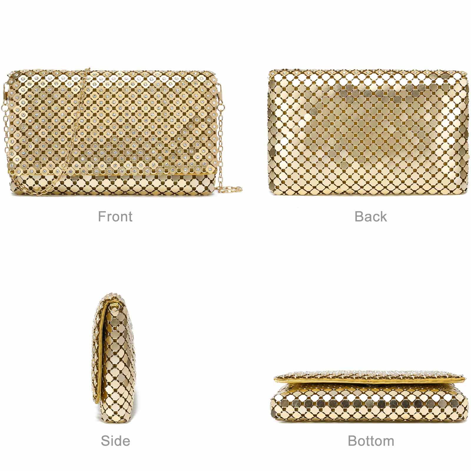 HIYOLALA Metal Sparkly Prom Clutch Purses for Women Evening with Removable Chain (Gold)