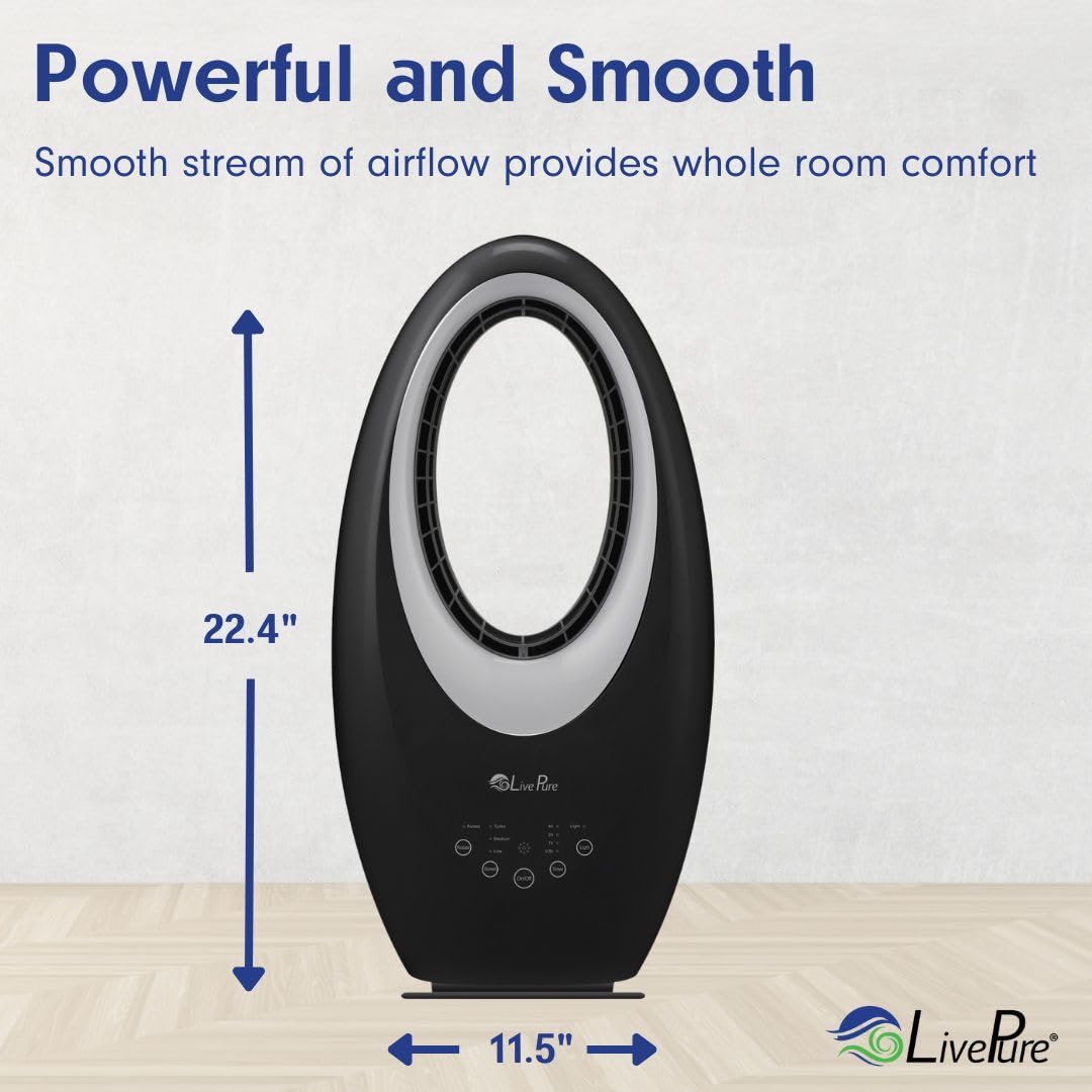 LivePure LP1500 Bladeless Oscillating Whole Room Fan. 3-Speed Adjustment, Touch Control, Quiet Cooling Fan. Stand Up Personal Fan for Bedroom, Office, Kitchen. Portable with 45-Degree Rotation. White