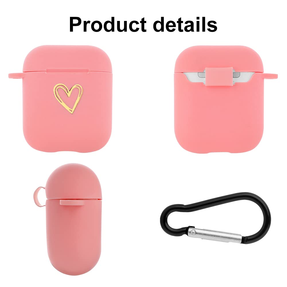 MOWIME Compatible with AirPods 1 Case Silicone, Love Heart Cute Pattern AirPods 2 Generation Case Full Body Protective Cover with Key-Chain for AirPods 1/2 Charging Case -Pink
