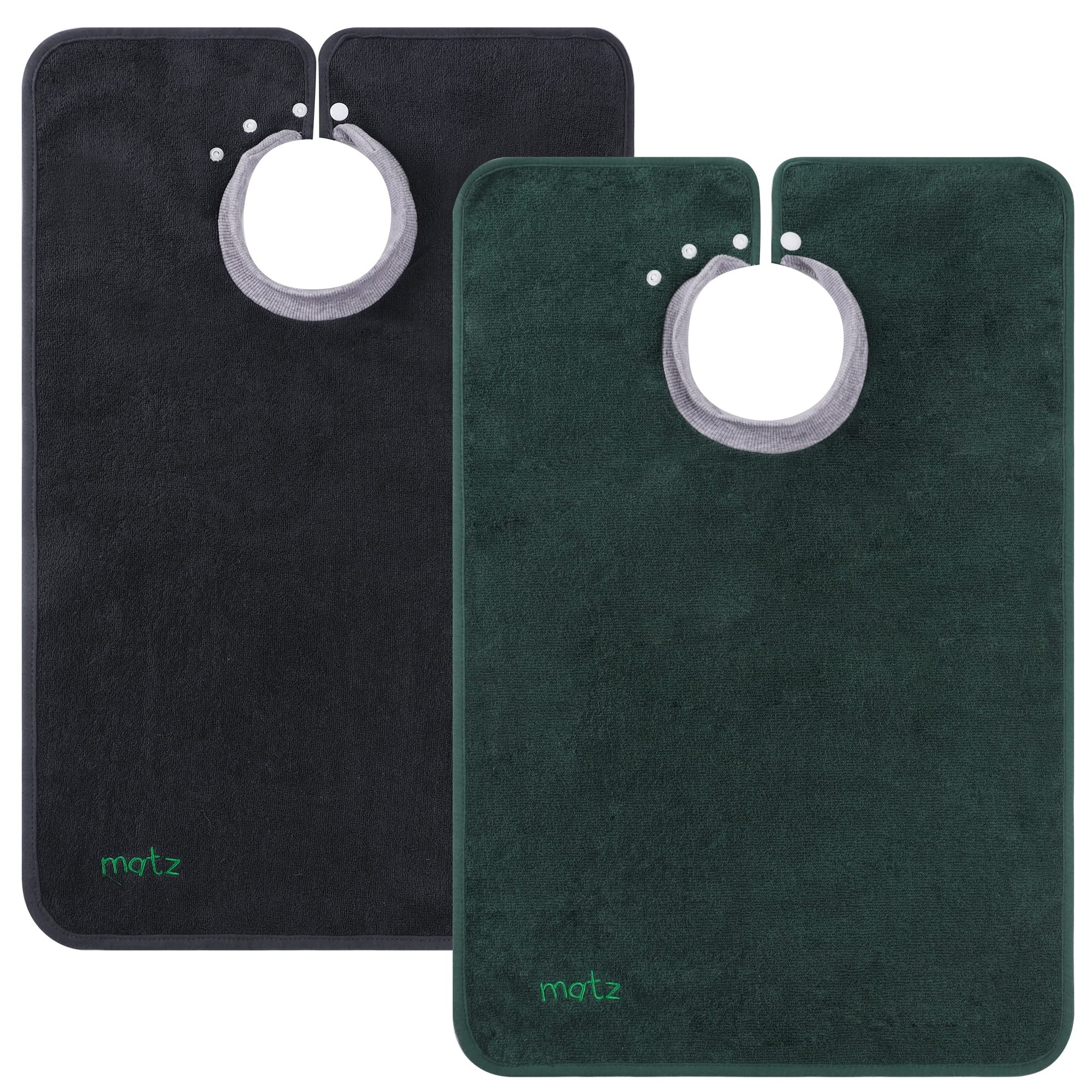 MATZ Bib - Waterproof Backing Full Coverage Ultra Absorbent Cotton Terry Towel Snap On Bib with Comfortable Ribbed Neck