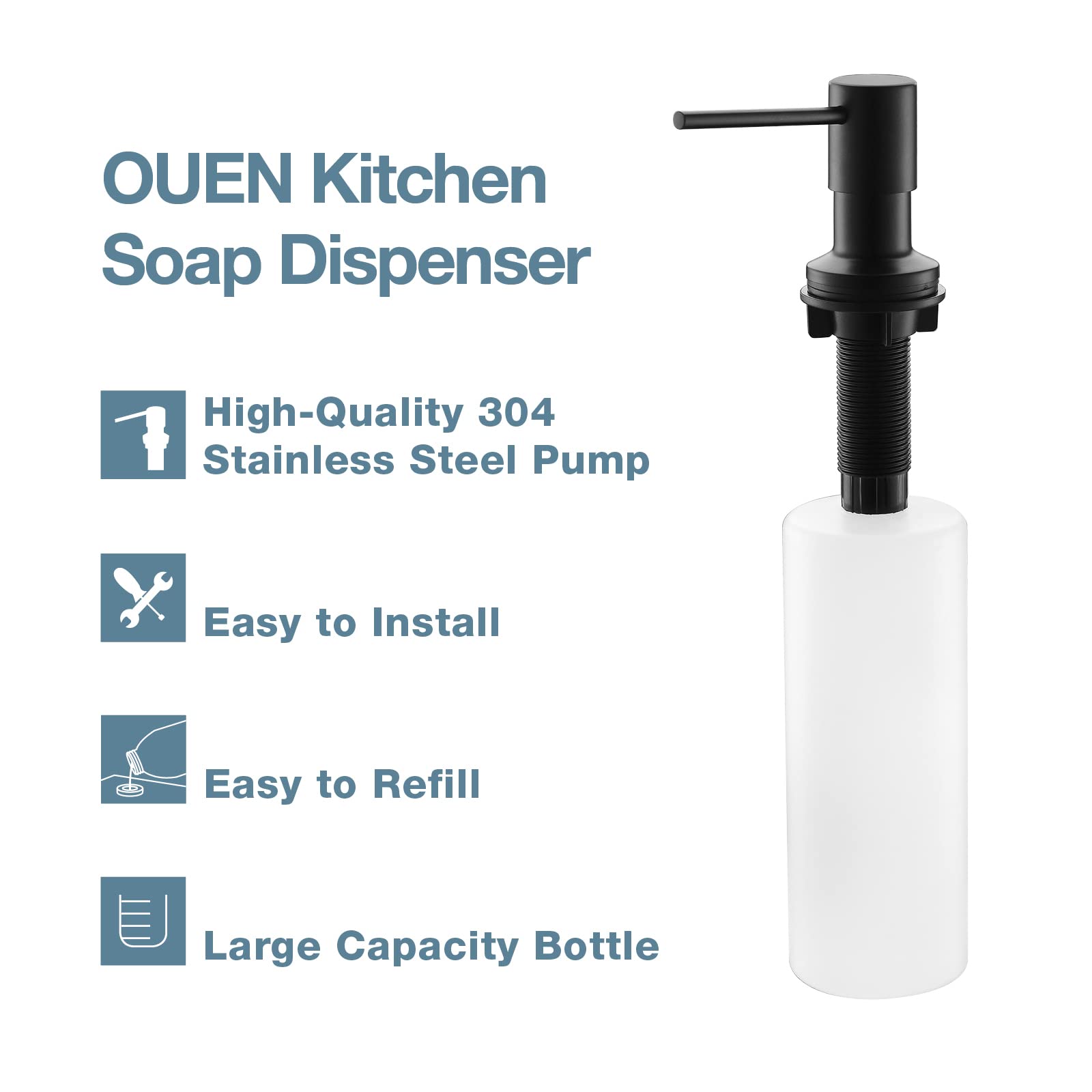 Matte Black Kitchen Sink Soap Dispenser, Ouen Countertop Pump Hand Lotion Built in Pump Soap Dispensers, Stainless Steel Sink Soap Dispenser Pump with 17oz Large Liquid Soap Bottle