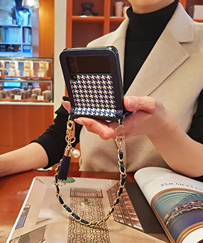 Qoosan Galaxy Z Flip 3 5G Case (2021) Pattern Leather Cover with Card Holder Wallet Hinge Protector Bling Metal Chain Wrist Strap Protective Phone case for Women, Navy Blue