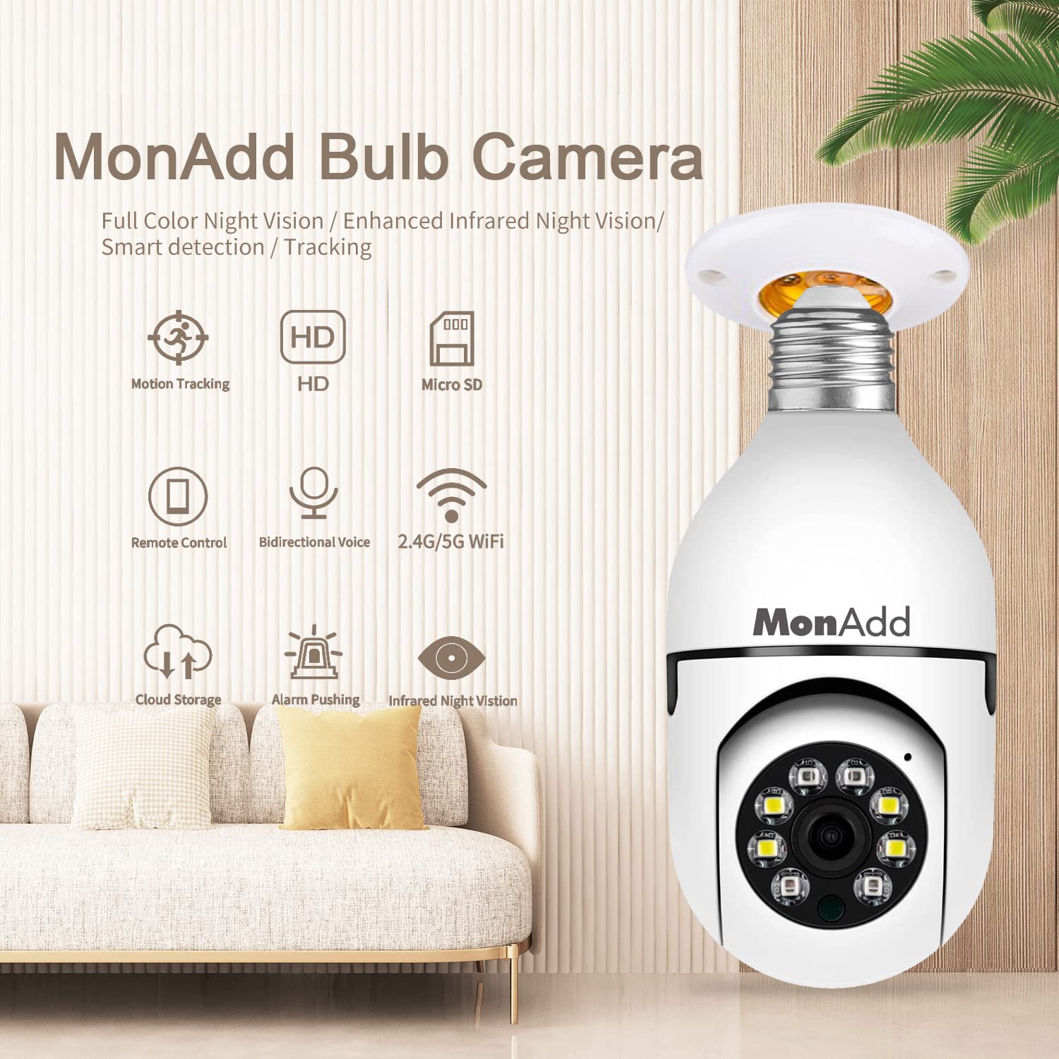 MonAdd 1080P Light Bulb Camera, PTZ E27 Wireless Camera Light Bulb WiFi Camera, 360 Degree Night Vision Light Socket Camera for Home, Indoor and Outdoor, Baby,Pet