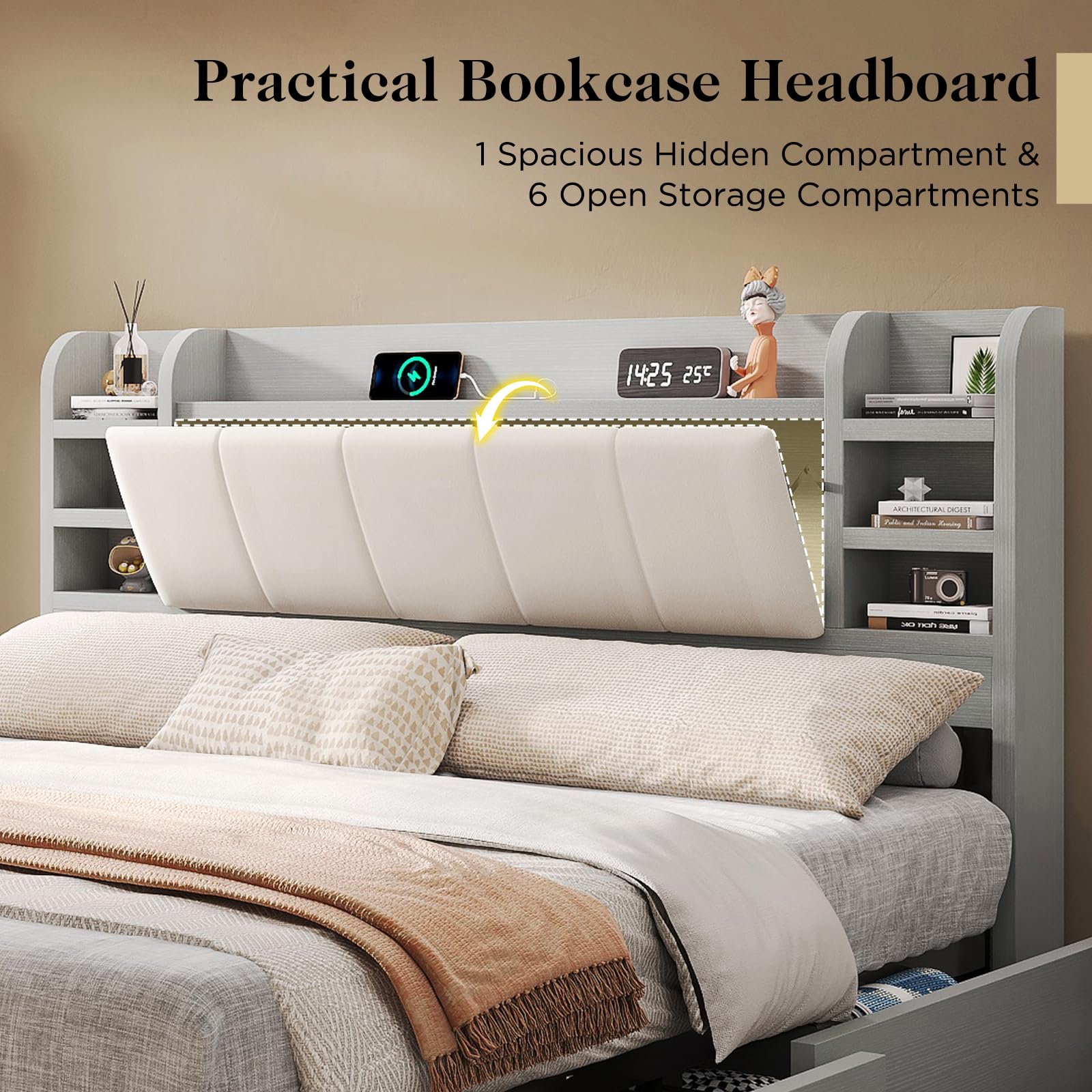 LUXOAK Queen Size Bed Frame with Headboard, Platform Bed Frame with 4 Storage Drawers & Private Storage, Bookcase Bed Frame with Charging Station, No Box Spring Needed, Noise-Free, White