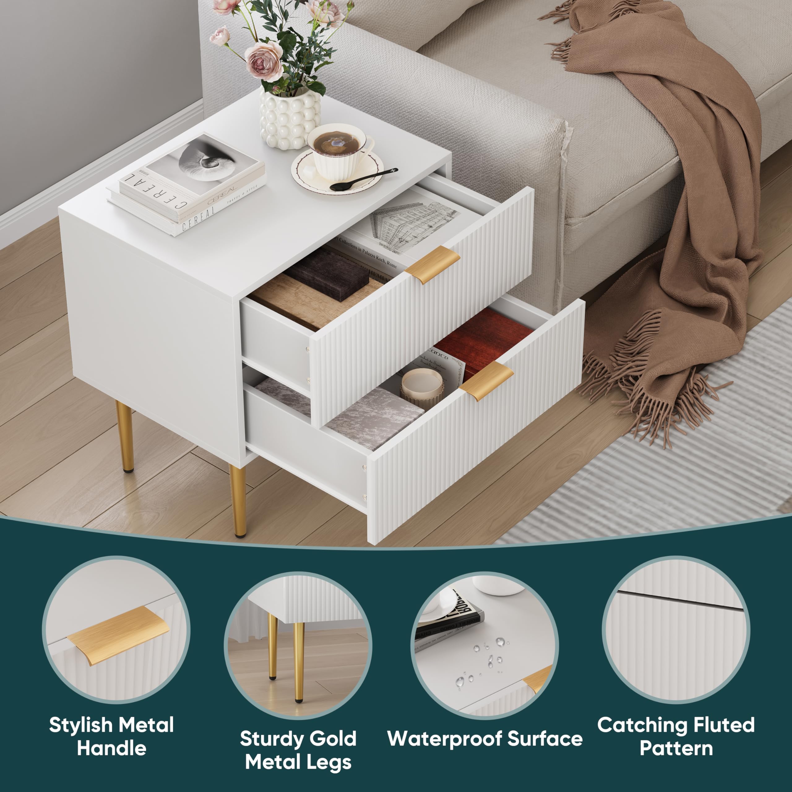 Semiocthome White Nightstand, Mid Century Modern Night Stand with 2 Wave Fluted Panel Drawers, Bedside Table with Gold Metal Legs, Bedroom Set Wide Tabletop Bed Side Table, End Tables for Living Room